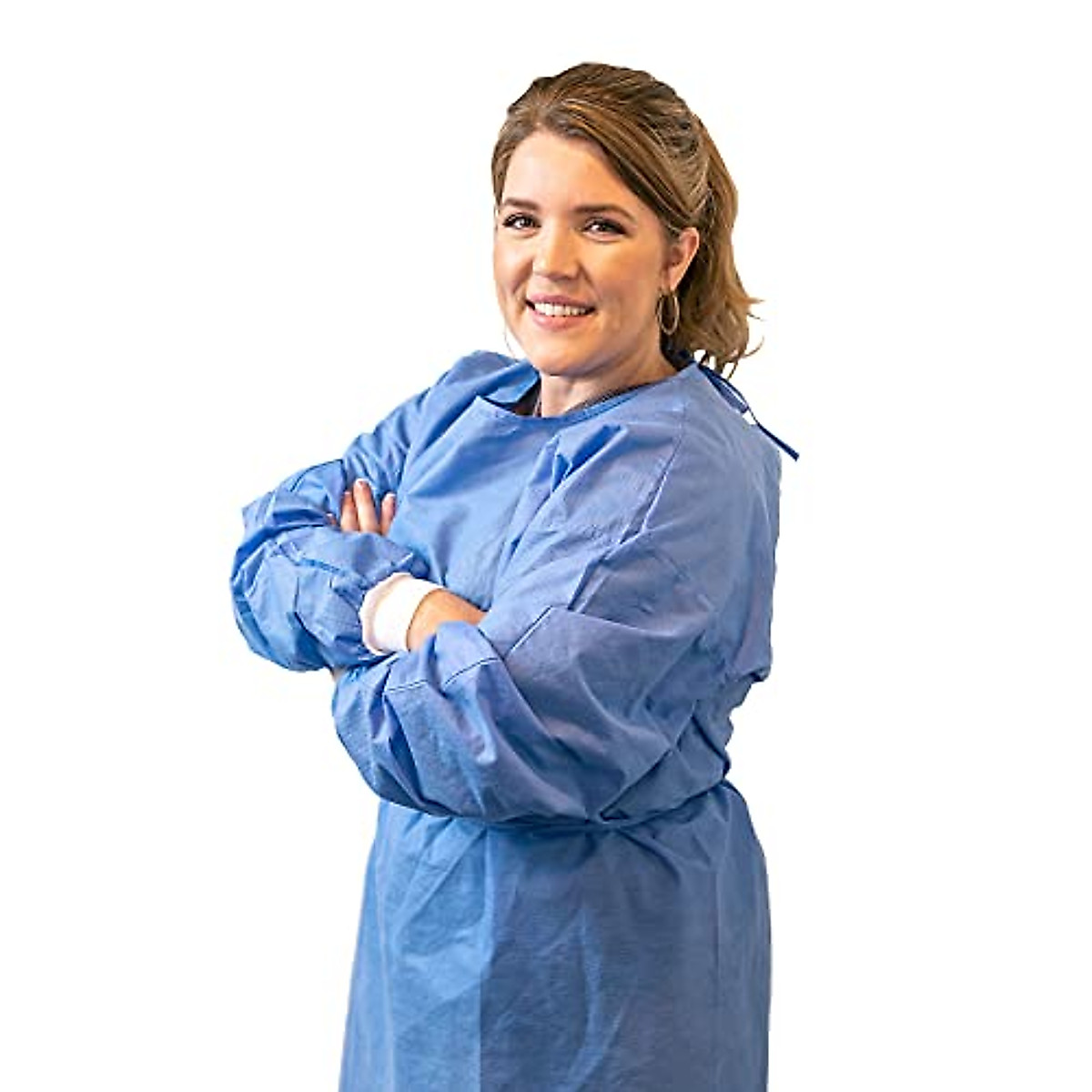 200-Pack Level 2 Disposable Isolation Gown Baluster Fully Closed Double Tie Neck and Waist, SMS 35g, Knitted Cuffs, Fluid Resistant, Blue, Unisex