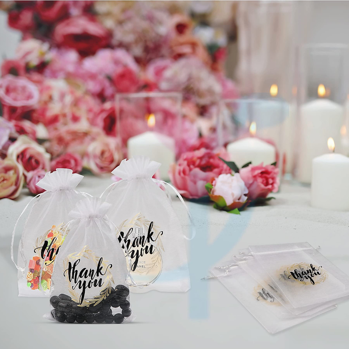 FPAKDH 50 Pieces Thank You Bags Sheer Organza Gift Bags Small Jewelry Present Bags with Drawstring 4 x 6 Mesh Wedding Party Favor Bags for Sachet Jewelry Candy Soap Makeup Party Favor Bags White