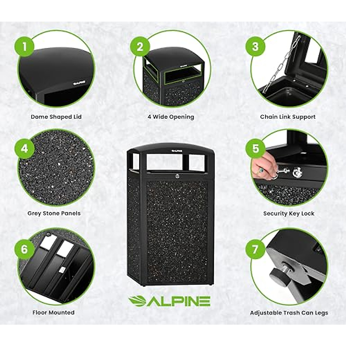 Alpine Indoor & Outdoor Commercial Trash Can with Lid - 40 Gallon Heavy Duty Metal Garbage Can with Removable Bin, Locking Lid for a Modern Look in Patio, Pool, Deck, Office Black, Grey Stone Panels