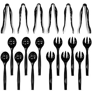 Disposable Plastic Serving Utensils - 6 Each 6" Serving Tongs, 10” Serving Spoons, 10” Serving Forks (Set of 18 – Black)