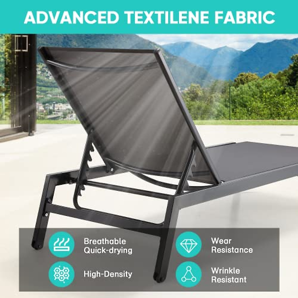 Erinnyees 2PCS Outdoor Chaise Lounge, Aluminum Patio Lounge Chair with Wheels, All-Weather Five-Position Adjustable Reclining Chair, for Patio Pool, Deck, Beach, Yard