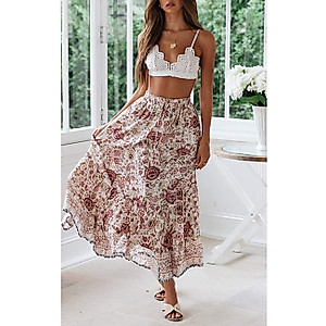MEROKEETY Women's Boho Floral Print Elastic High Waist Pleated A Line Maxi Skirt White