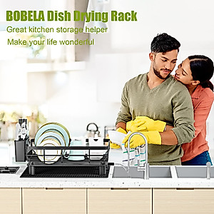 BOBELA Dish Drying Rack,Dish Racks for Kitchen Counter,Dish Drainers with Removable Utensil Holder,Dish Drying Rack with Drainboard and Extra Dish Drying Mat