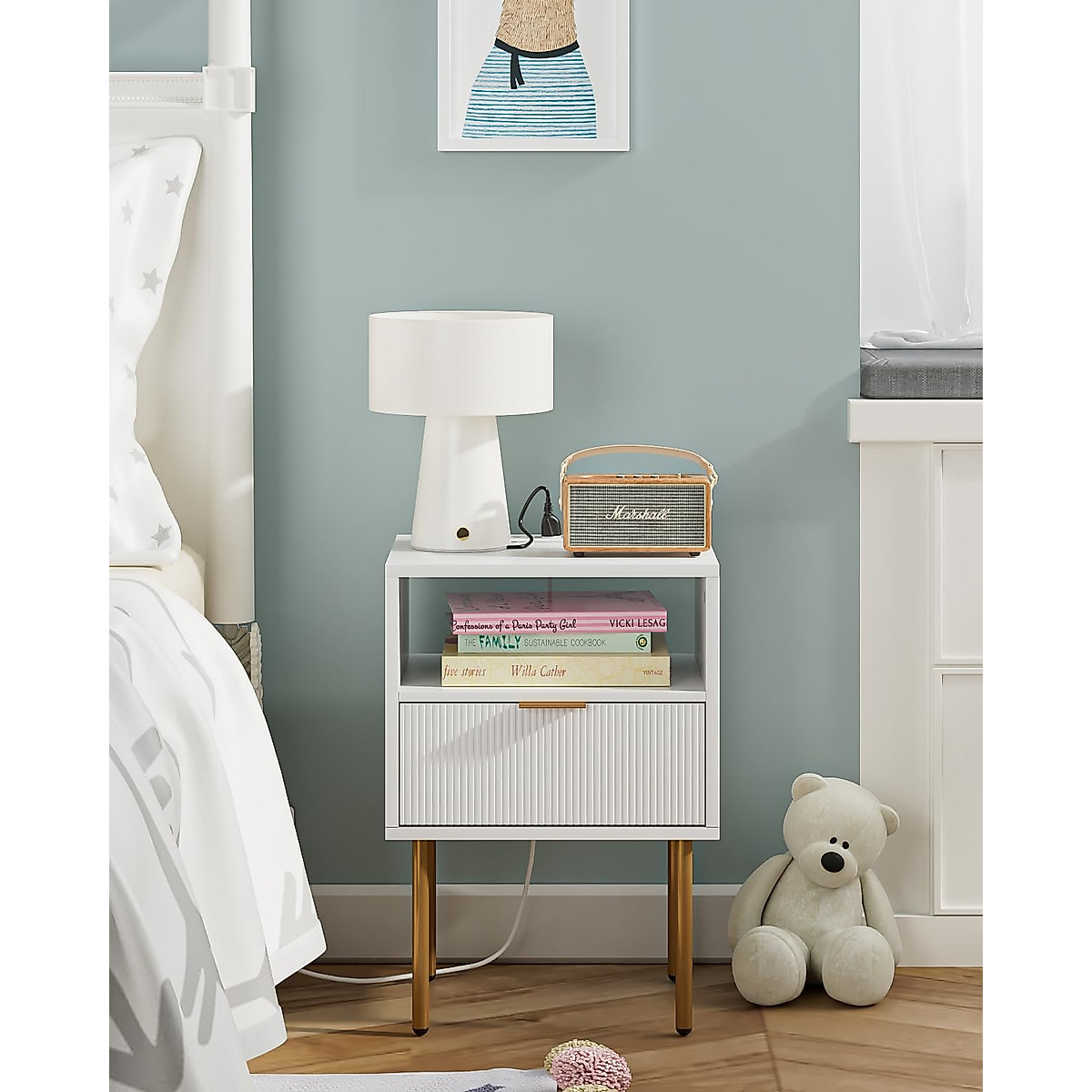 AEPOALUA Nightstand with Charging Station,Small Bedside Table with Gold Frame,White Night Stand,Bedside Furniture,Side Table with Drawer and Shelf for Bedroom,Living Room,Stripe