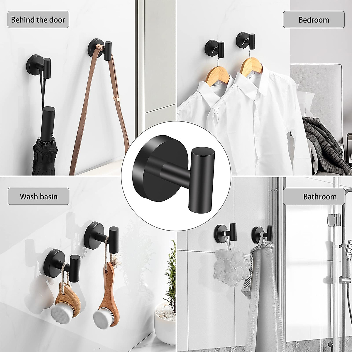 Hinmood Towel Hooks for Bathroom, Robe Towel Hooks for Bathroom, Bedroom, Kitchen, Garage Wall Mounted Hanging Hooks (Matte Black, 4 Packs)