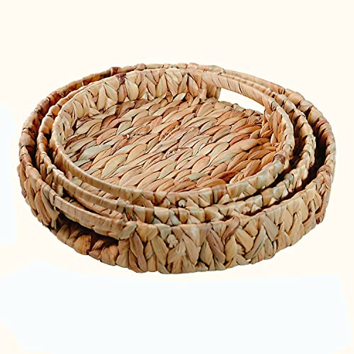 ZKZNsmart Set of 3 Grass Weaving Tray，Hand-Weaving Natural Water Hyacinth Storage Baskets,Wicker Serving Trays with Built-in Handles, Grass Storage Bins for Fruit,Arts and Crafts.