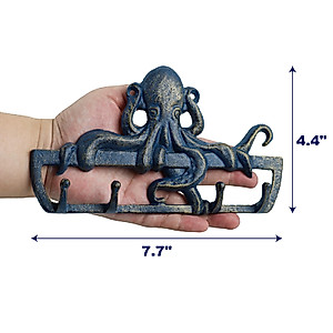 HillSpring Cast Iron Octopus Hooks for Wall, Key Holder Towel Hook with 4 Hooks, Nautical Decorative Wall Mounted Hanger Rack, 7.7 inch