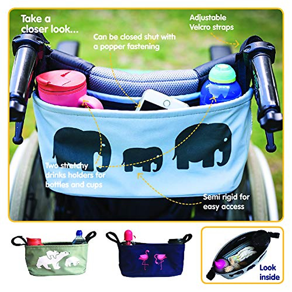 Wheelchair Organizer - Fits Handles of Any Wheelchair, Special Needs Buggy, Rollator or Mobility Scooter – Wheelchair Cup Holder – Cell Phone Pocket - Lots of Storage (Gray-Green Polar Bear)
