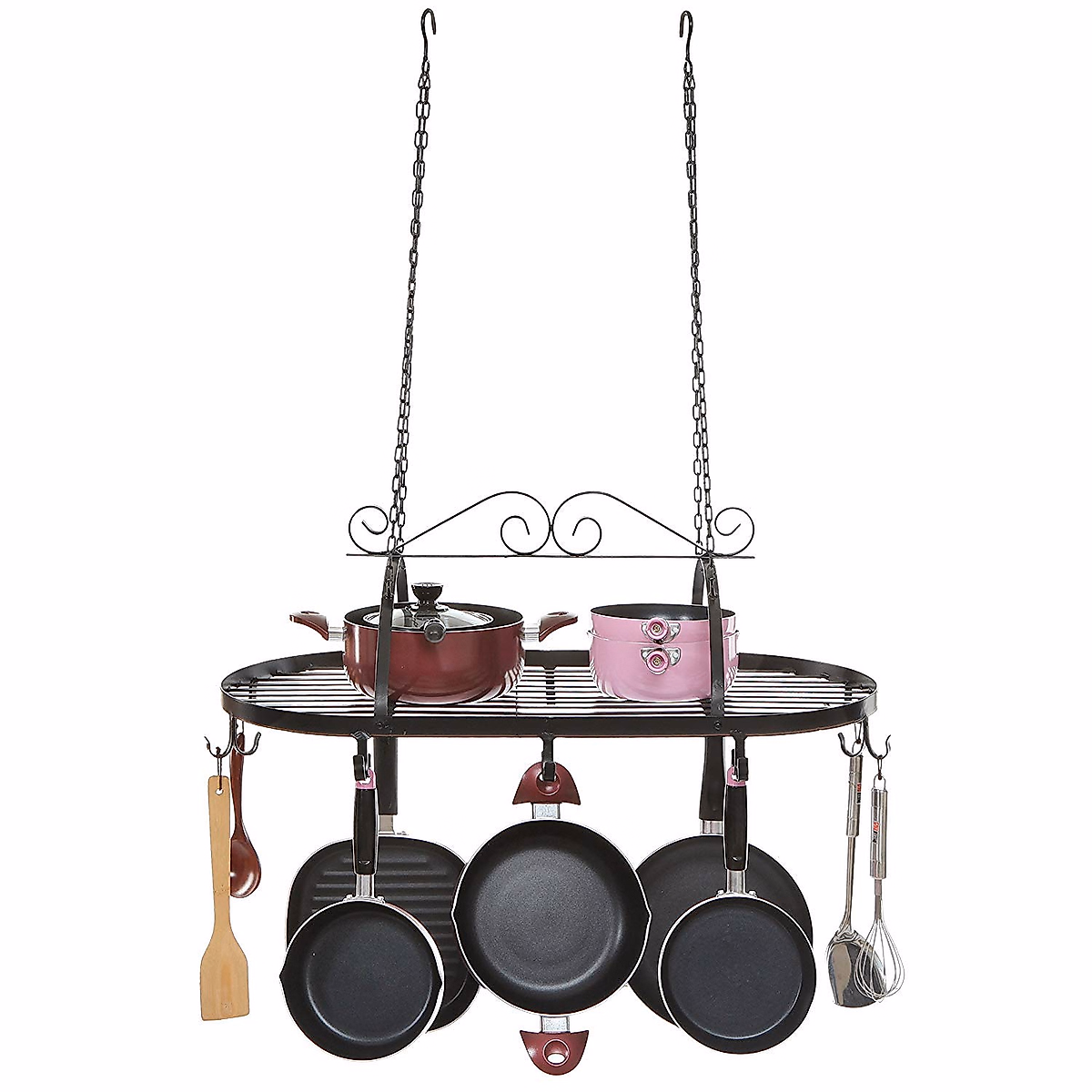 MyGift Black Scrollwork Metal Pot and Pan Ceiling Hanging Rack Heavy Duty Cooking Pans and Utensil Hanger with 10 Dual Hooks