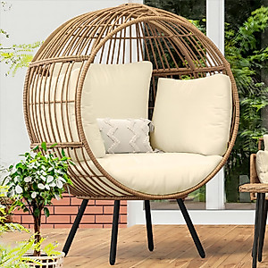 YITAHOME Egg Chair Wicker Outdoor Indoor, Oversized Lounger with 370lbs Capacity Large Egg Chairs with Stand Cushion Round Egg Basket Chair for Patio, Balcony, Bedroom - Beige