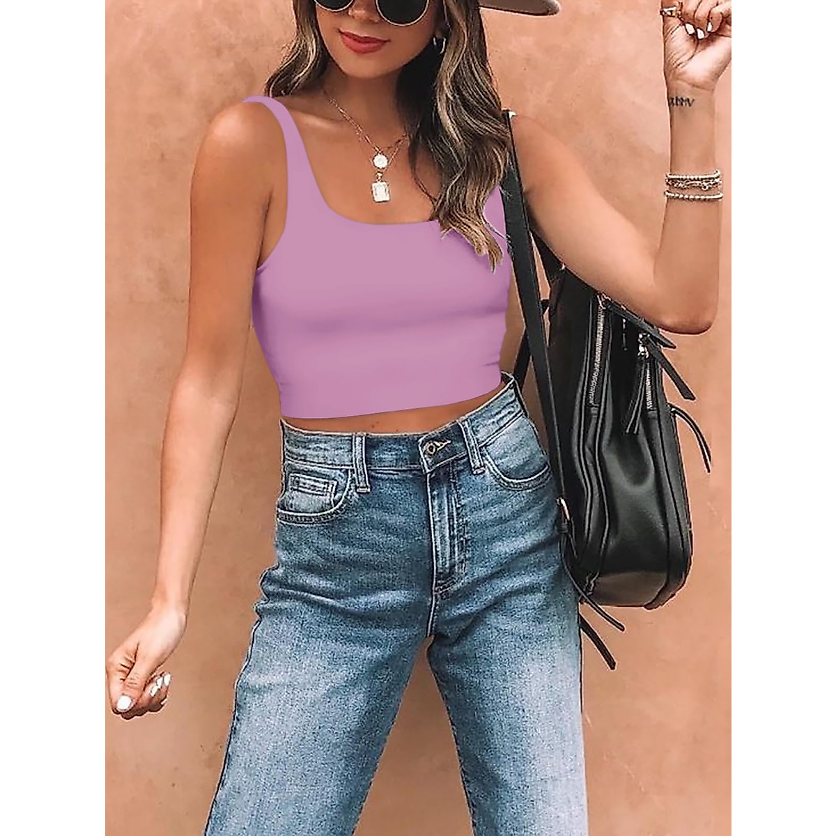 REORIA Women's Summer Sexy Basic Sleeveless Square Neck Fitted Seamless Yoga Cropped Tank Cute Crop Tops Violet Medium