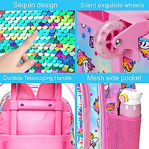 gxtvo Rolling Backpack for Girls, Roller Wheels Kids Bookbag - Wheeled Suitcase Elementary Sequin School Bag - 3PCS Unicorn