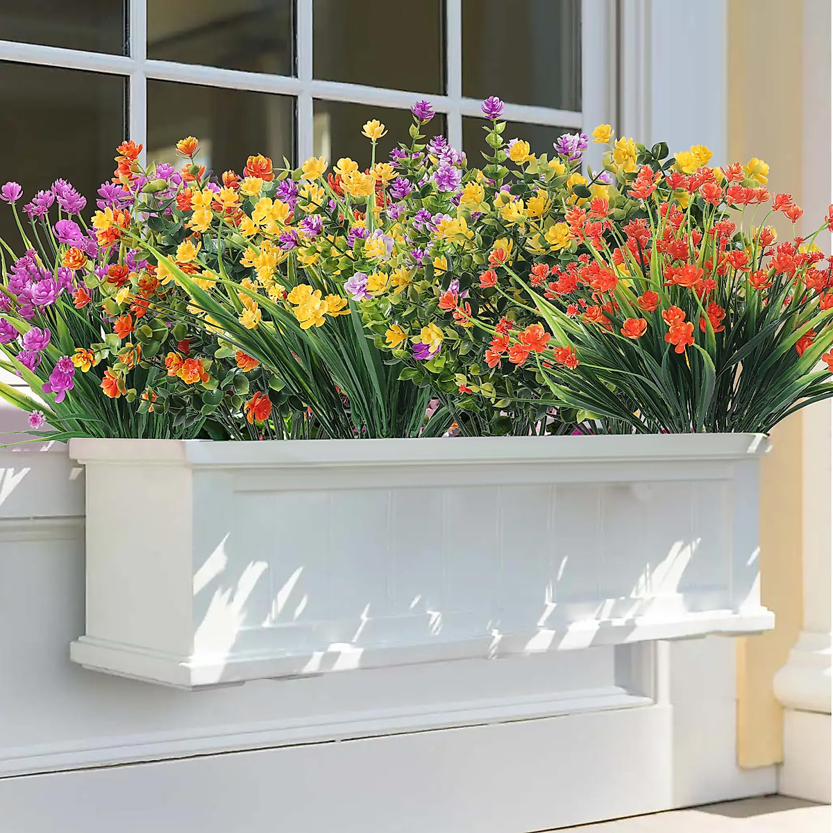 HOGADO Artificial Greenery Stems 4pcs Fake Plants Outdoor UV Resistant Faux Eucalyptus Branches for Home Garden Proch Window Box Decor Green