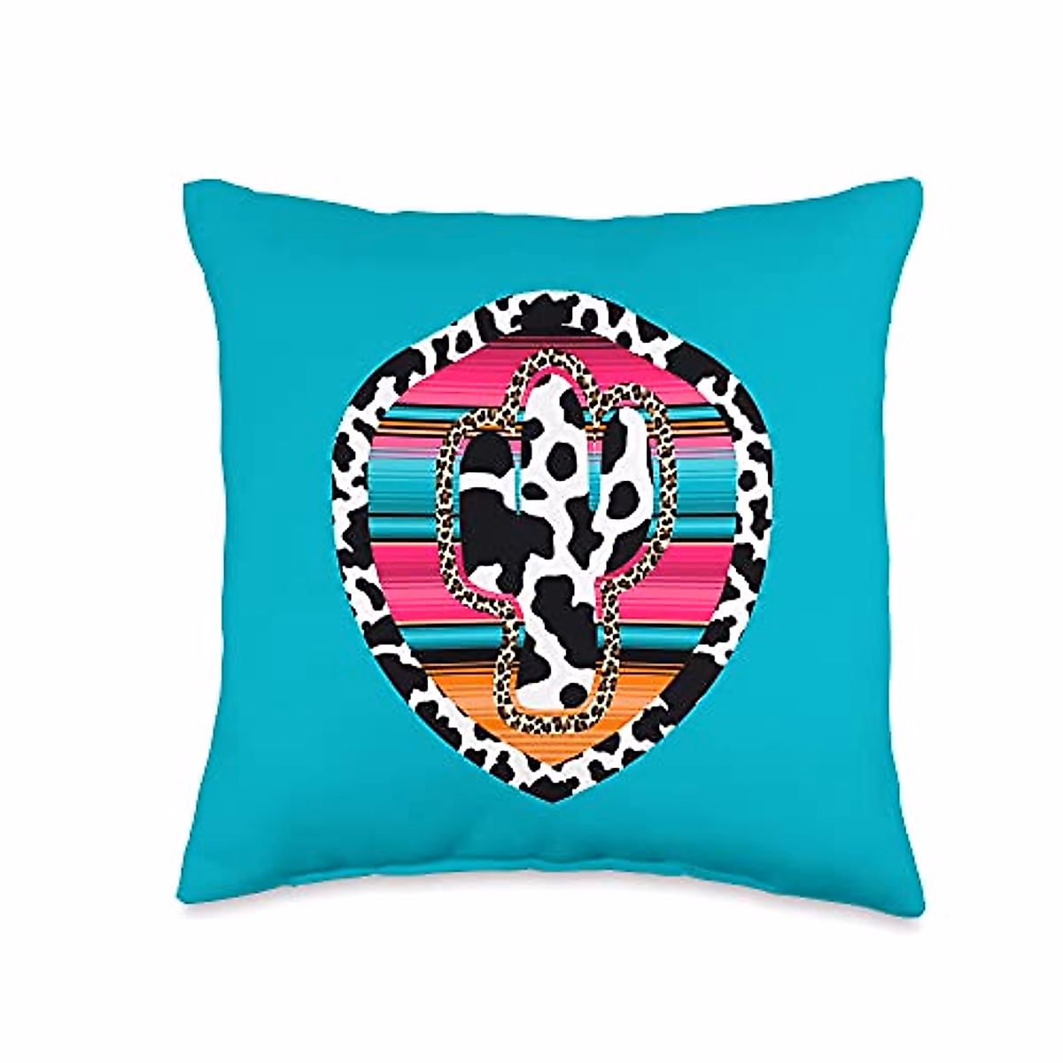 Western Serape Cactus designs Western Cow Cactus Leopard Cheetha Serape Turquoise Pink Throw Pillow, 16x16, Multicolor