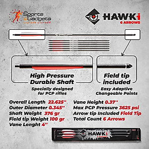 Hawki Carbon Arrow PCP 376gr 12 Arrows Bolts with 100 gr Field Tip for Hunting PCP Air Guns or Crossbows with Free 12 Pack Arrow Tail Nock