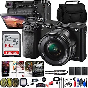Sony Alpha a6000 Mirrorless Camera with 16-50mm Lens (ILCE6000L/B) + Filter Kit + 64GB Card + 2 x NPF-W50 Battery + Card Reader + LED Light + Corel Photo Software + Case + Flex Tripod + More (Renewed)