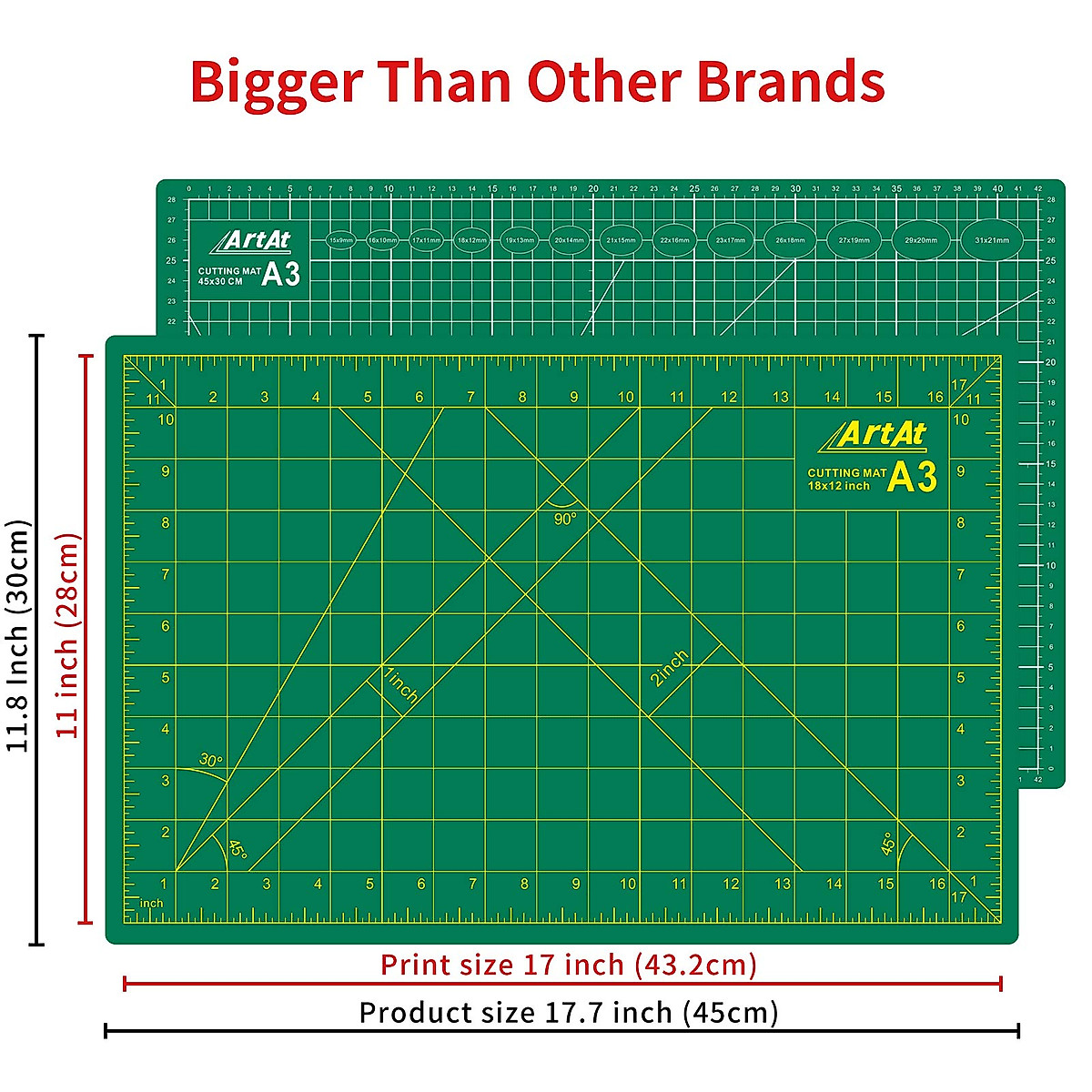 ArtAt Self Healing Cutting Mat: 12″x 18″ Green Double Sided Non-Slip 5 Layers PVC Durable Craft Sewing A3 Mat for Rotary Cutter, Use for Quilting and Scrapbooking and Craft & Art Projects…