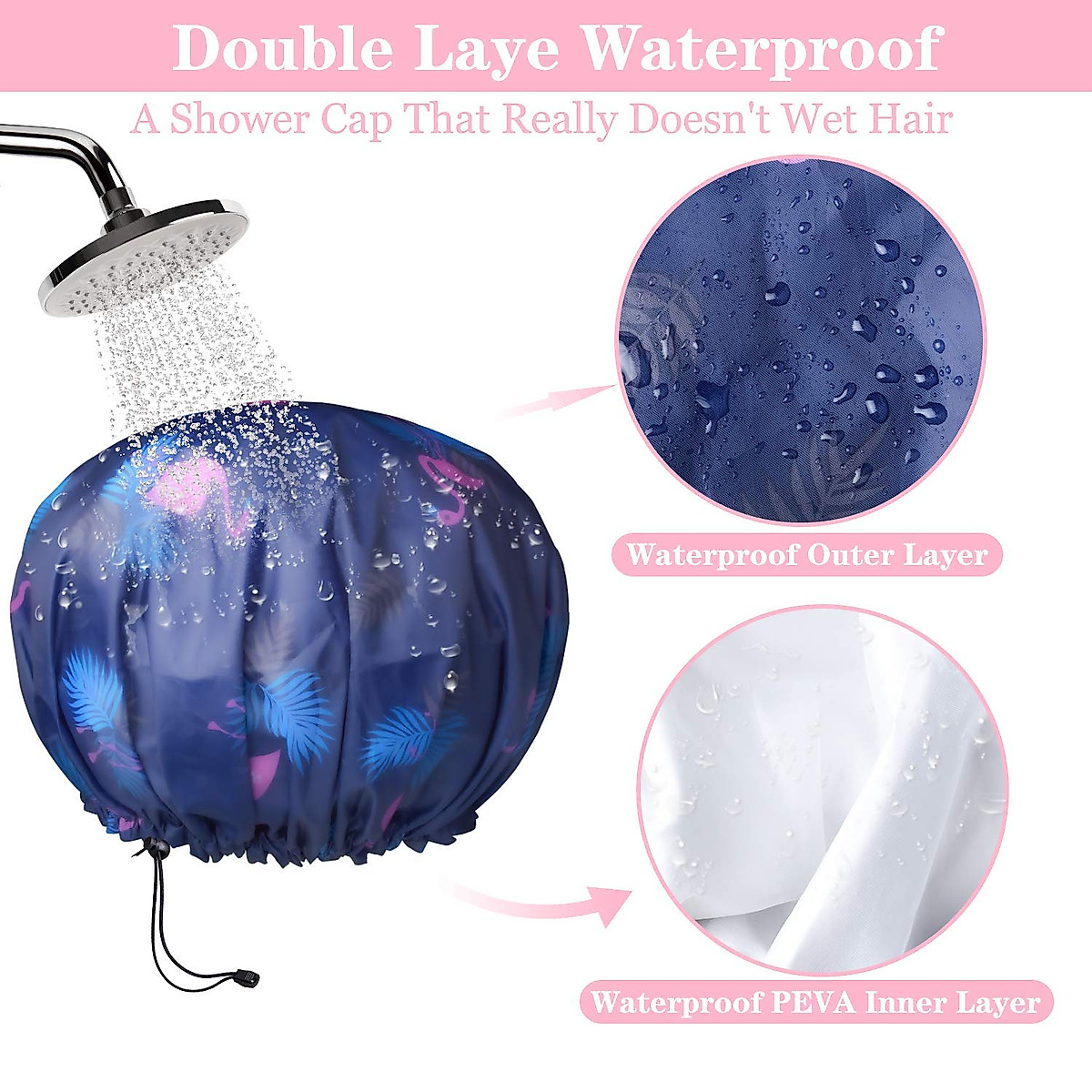 3 Pack Extra Large Double Layer Adjustable Shower Caps for Women, Waterproof Exterior & EVA Lining, Oversized Design for All Hair Lengths