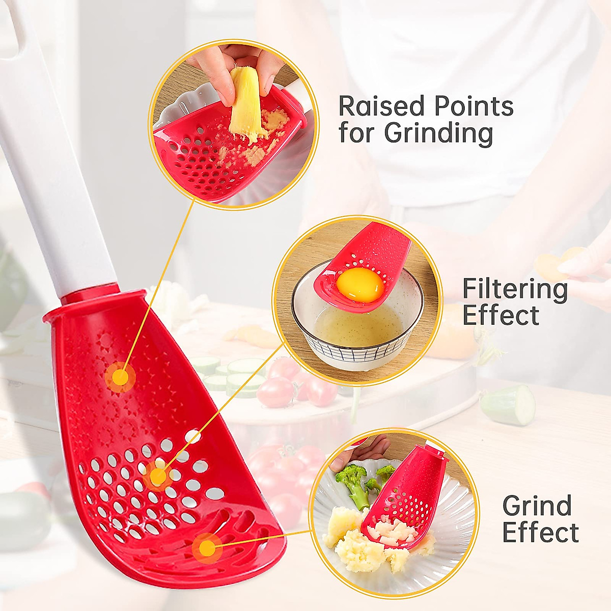 2Pack Multifunctional Kitchen Cooking Spoon, Slotted Spoon for Cooking Strainer Spoon, All in One Garlic Press Grinder Kitchen Spoons for Mashing Draining