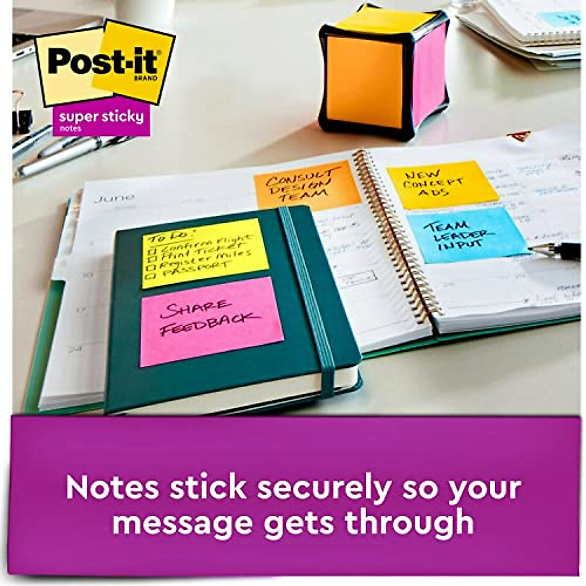 Post-it Super Sticky Full Stick Notes, 3 in x 3 in, 4 Pads, 2x the Sticking Power, Energy Boost Collection, Bright Colors (Orange, Pink, Blue, Green), Recyclable (F330-4SSAU)