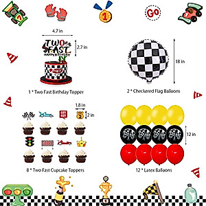 PRATYUS Race Car Two Fast Birthday Decorations for Kids Boys Racing Theme 2nd Party Supplies With Banner, Cake Toppers and Checkered Balloons for Let's go Racing Theme Party