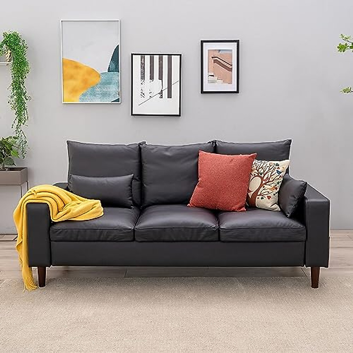 Panana Couch 3 Seater Loveseat Sofa with Storage Pockets for Living Room, Upholstered Faux Leather Sofa with 2 Pillows, Cushion Back Sofa for Bedroom, Home Office, Apartment