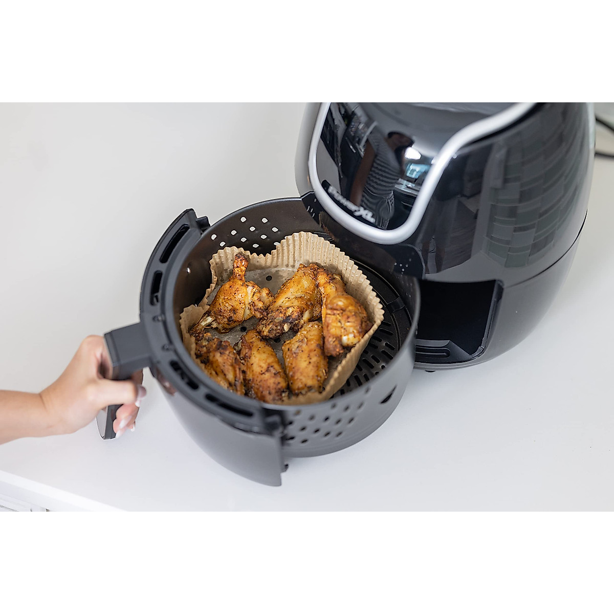 Rainy Day Essentials - Air Fryer Liners, Perforated with Holes, 100 Pieces, 6.3 Inches, Round, Fits 2-6QTS, Disposable Air Fryer Liner, Baking Paper, Oil Proof, Parchment Paper for Roasting