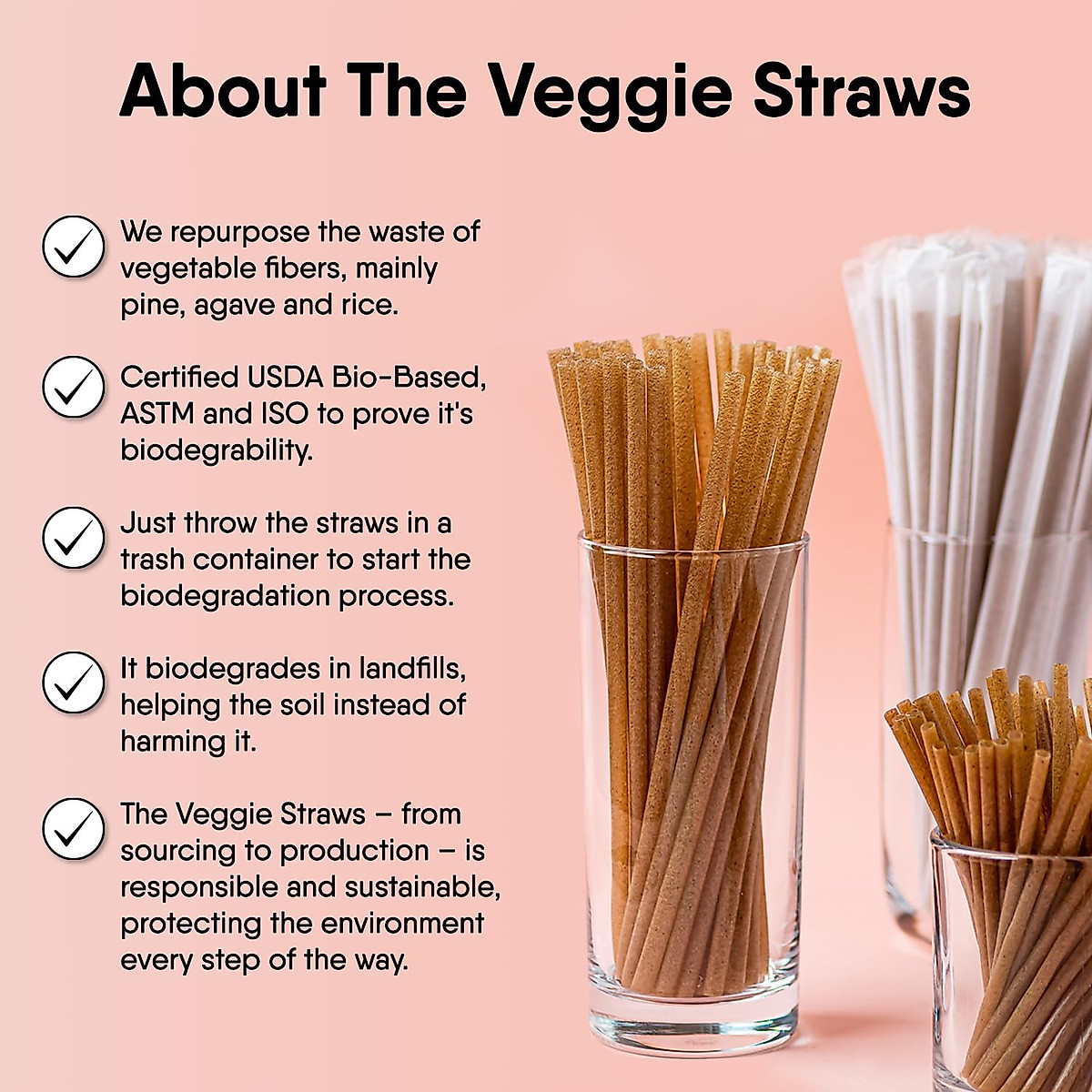 The Veggie Straws – 150 PCS of 4.75 Inches Unwrapped Biodegradable Drink Stirrers – Made of Vegetable Fibers, Best Cocktail Stirrers for Drinks of All Kinds