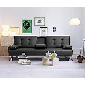 Flamaker Futon Sofa Bed Modern Faux Leather Couch, Convertible Folding Recliner Lounge Futon Couch for Living Room with 2 Cup Holders with Armrest