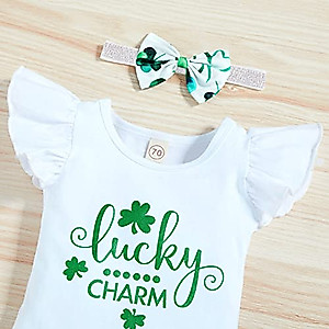 Baby girl 1st St. Patricks Day Outfits Lucky Charm Romper+Clover Pants+Headband 3Pcs Outfits Set (White, 3-6 Months)