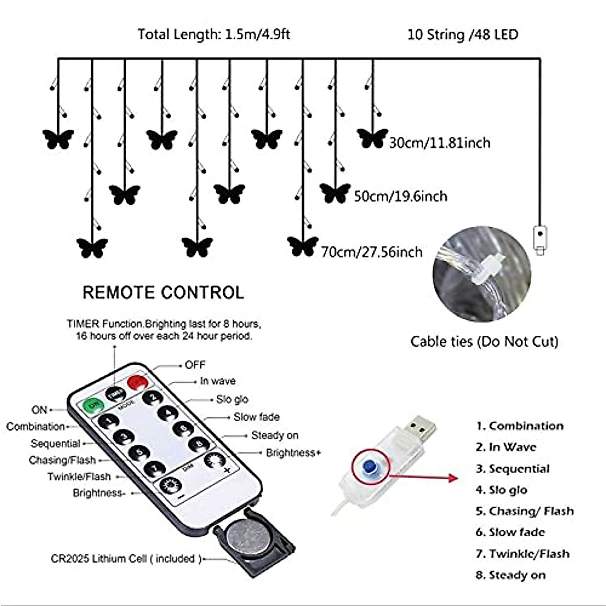Cynzia Butterfly Curtain Lights, 8 Modes 48LED Twinkle String Light with Remote 4.9FT USB Powered Window Fairy Light, Decorative Lights for Bedroom, Party, Wedding, Holiday, Christmas (Warm White)