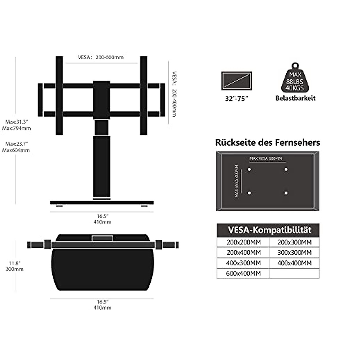 FITUEYES Universal TV Stand, Swivel TV Table Stand for 32-65 70 75 Inch Flat Screen, Table Top TV Stand Base Replacement, Height Adjustable TV Mount Stand with Glass Base, Max Holds 88lbs