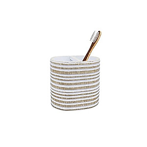 DKNY Bathroom Accessories Set 3 Pieces Striped Bath Countertop Accessory - Toothbrush Holder, Soap Dispenser, Vanity Tray, Beige White