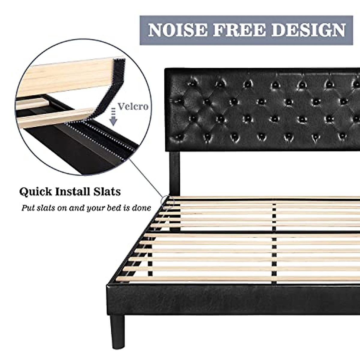 Allewie Queen Bed Frame with Adjustable Diamond Stitched Button Tufted Headboard/Faux Leather Upholstered Platform Bed with Easy-Assembly Wood slats, Black