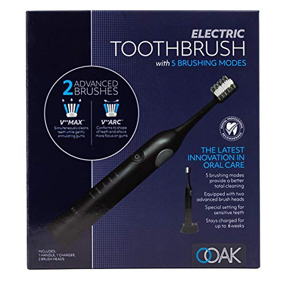 Ooak Electric Toothbrush with 5 Brushing Modes, 2 Advanced Brushes, Black