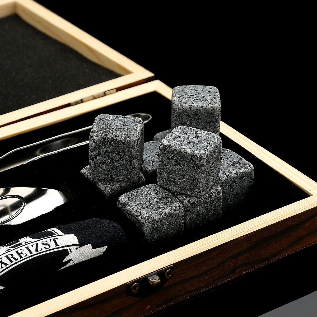 Whiskey Stones Gifts Set - 9 Granite Chilling Stones Whisky Rocks - Reusable Ice Cubes with Tongs Stopper, for Men Dad Party Birthday Anniversary Holiday Father's Day Present