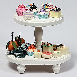 Farmhouse Two Tiered Stand, Round Rustic Wood Two Tiered Tray, Wooden Cake Stand Kitchen Tiered Tray, Decor Serving Tray for Coffee Bar, Kitchen Counter, Dining Room Table (White)