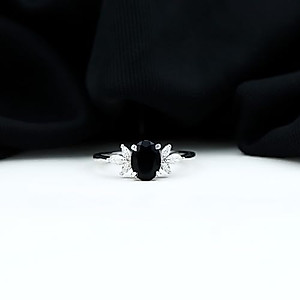 Certified Black Onyx 6X8 MM Oval Engagement Ring with Diamond Accent, AAA Quality (With Ready to Gift Jewelry Box), 14K White Gold, Size:US 9.00
