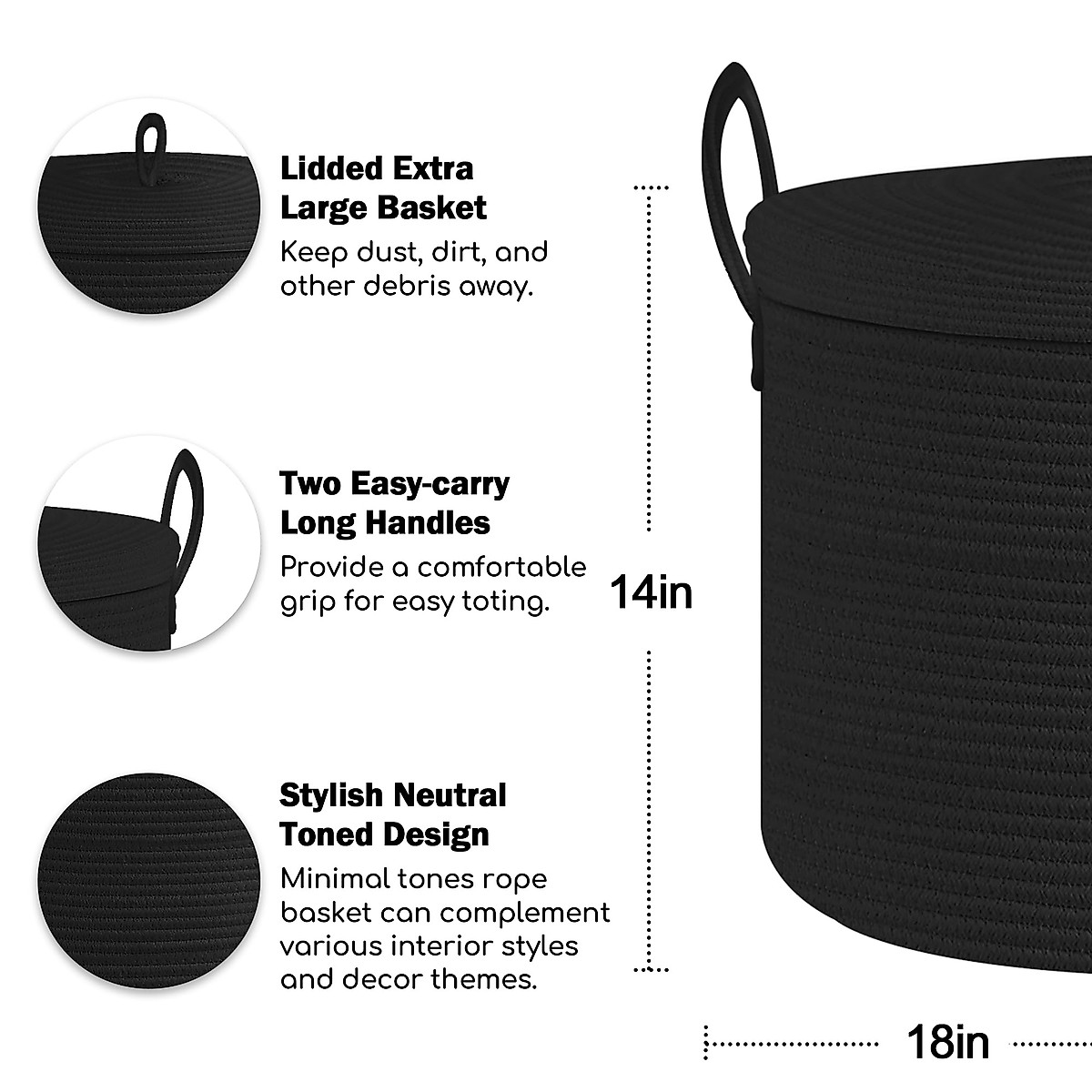 HONCESTA 18" X 14" Large Black Basket with Lid, Cotton Rope Storage Basket for Blanket, Toy, Pillow, Towel, Living Room Bedroom Storage Bin, Wicker Woven Basket, All Black Organizing Basket with Cover