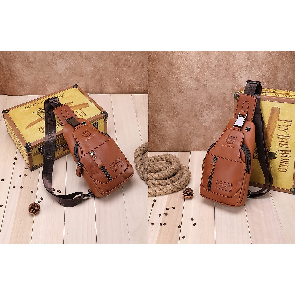 BULLCAPTAIN Leather Men's Sling Backpack Multi-pocket Crossbody Chest Bags Travel Hiking Daypack with Earphone Hole (brown 2)