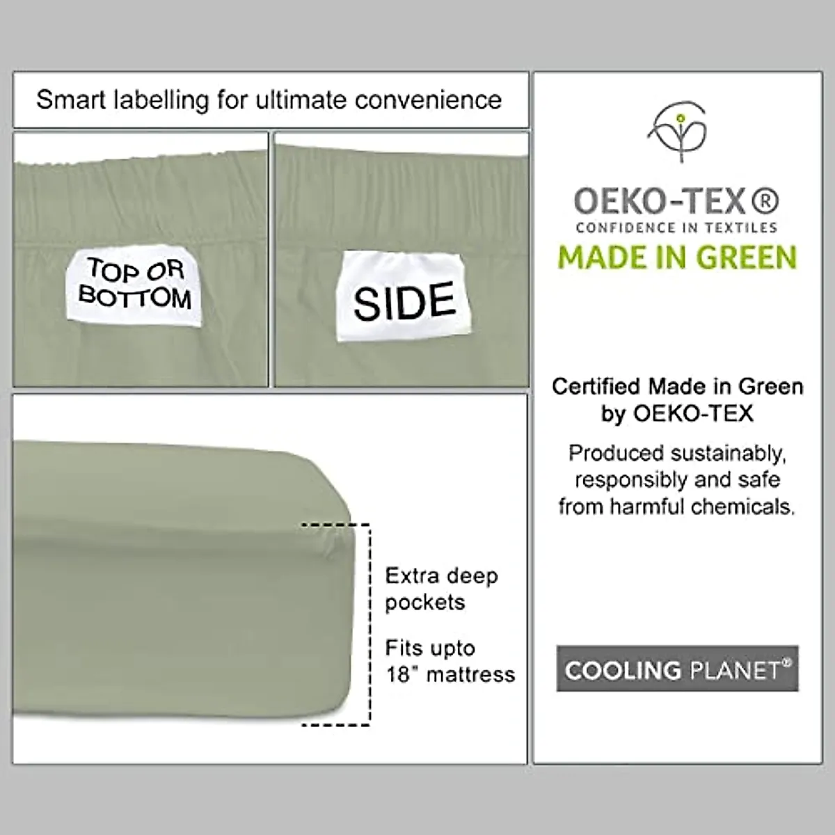 Cooling Planet Full Size Bedsheet Set, 610 TC Pima Cotton, Extra Long Staple Sateen Weave TightFit Elastic Pocket 18" Wrinkle, Fade Resistant Fitted Sheet Set for Bedroom Décor (Sage, 4 Pcs)