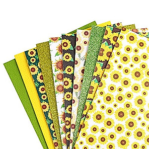 Pllieay 10 Pieces Sunflowers Printed Faux Leather Sheet Glitter PU Synthetic Leather Sheet for Earrings Headbands Making (8.2 x 6.3 inch)
