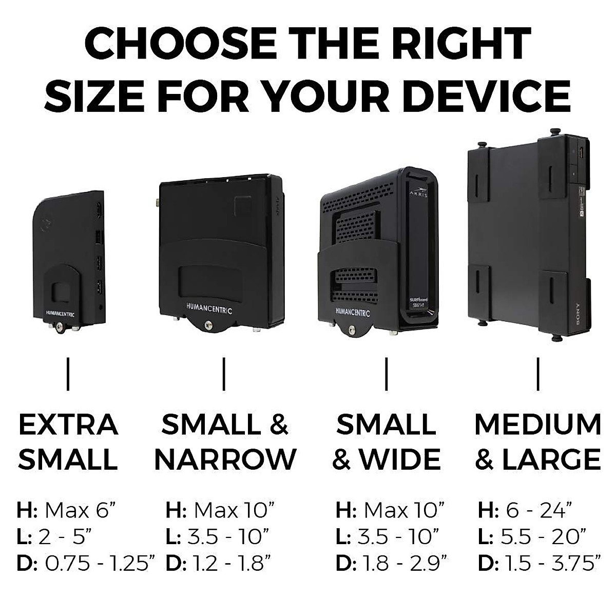 HumanCentric Adjustable Device Wall Mount, Cable Box Mount and Modem Mount, Adjustable Wall Mount for Small and Wide or Narrow Devices like Cable Boxes, Modems, DVD Players Mount on the Wall Behind TV