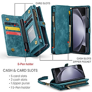 Kowauri for Samsung Galaxy Z Fold 5 Case,Zipper Purse Magnetic Folio Leather Wallet Case with S Pen Holder Wrist Strap Card Holder Shockproof Protective Cover for Samsung Galaxy Z Fold 5 5G (Blue)
