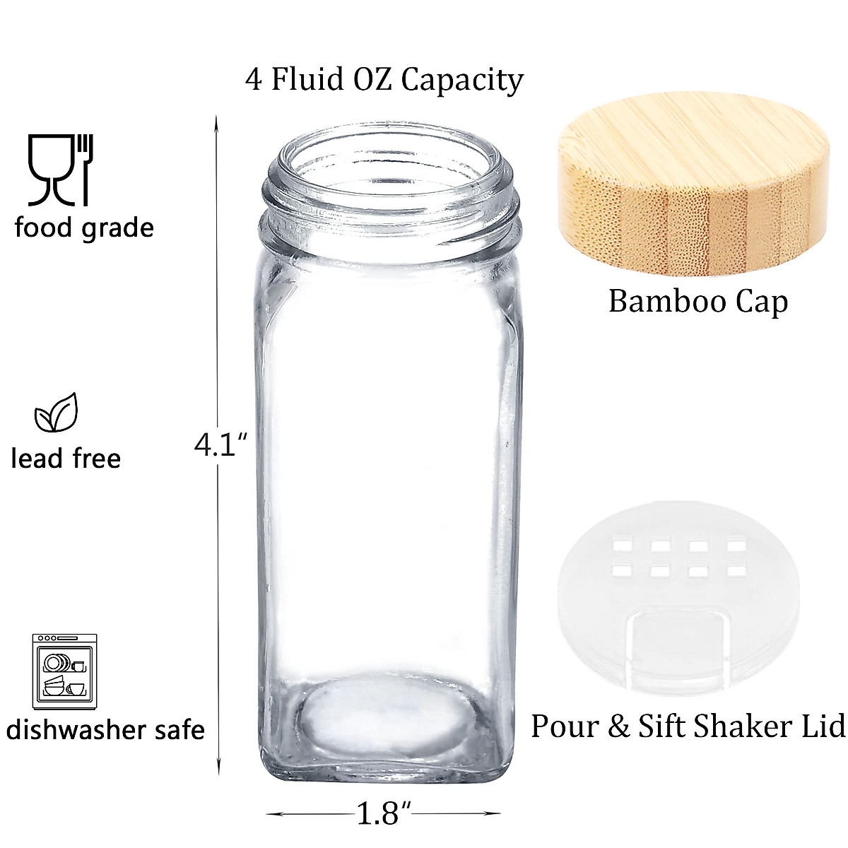 SWOMMOLY 48 Glass Spice Jars with 806 White Spice Labels, Square Spice Bottles 4 oz Empty Spice Containers with Bamboo Lids, Chalk Marker and Funnel Complete Set.