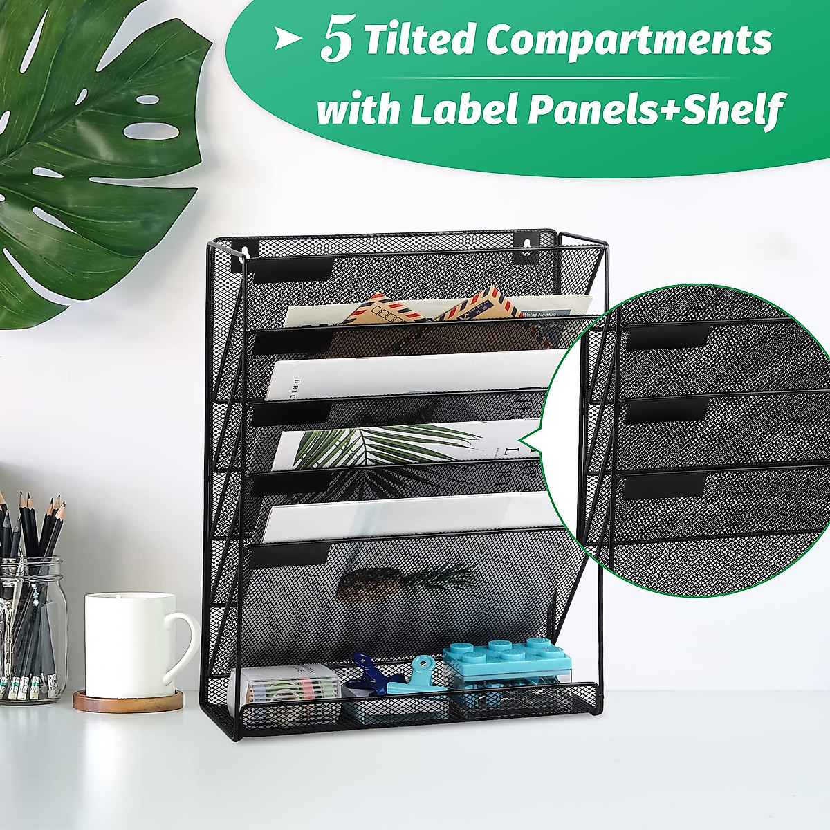 Easepres File Organizer Mesh 5-Tier Black Hanging File Organizer Vertical Holder Rack for Office Home