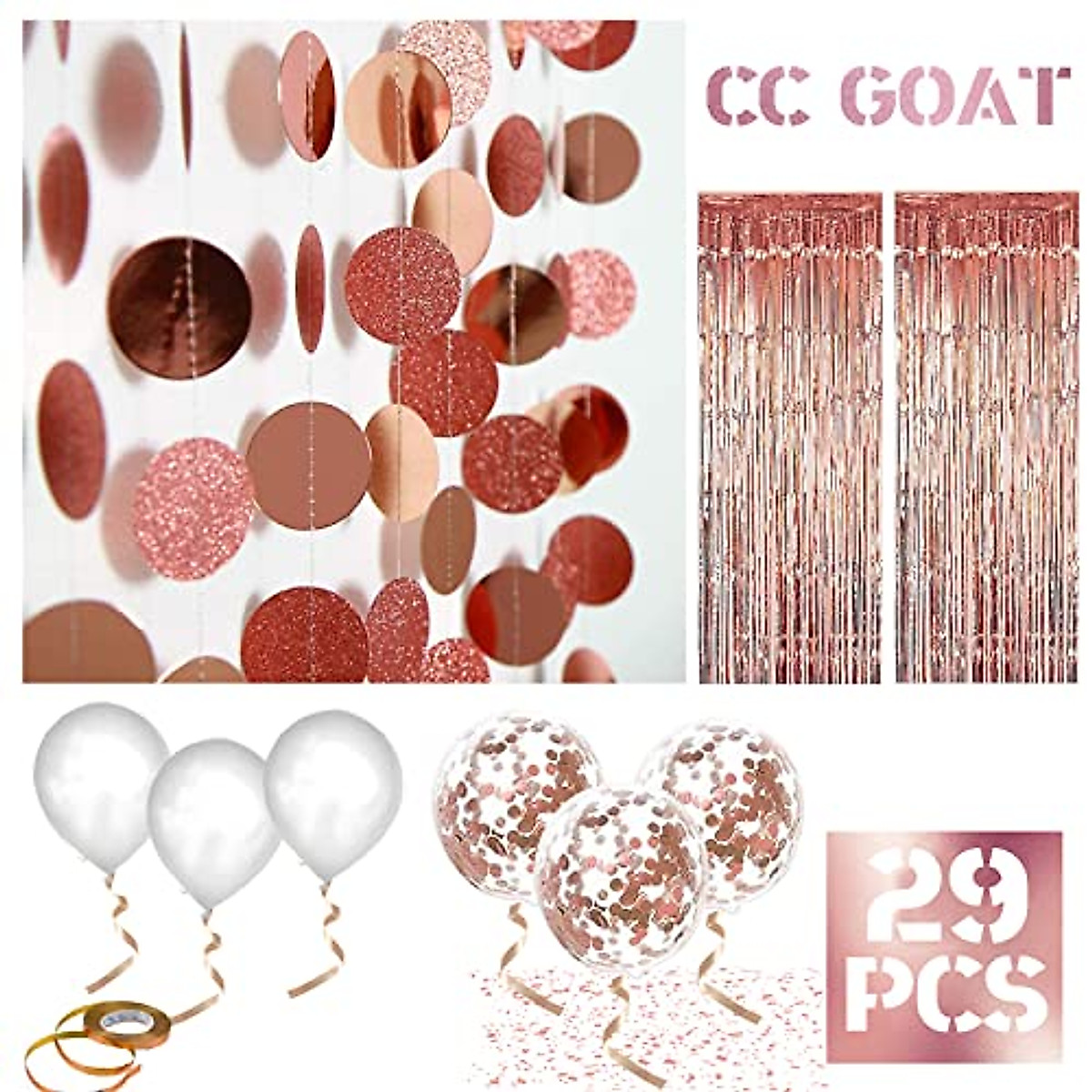 Rose Gold Party Decorations,Glitter Rose Gold Circle Dots Garland ,Fringe Curtain,Balloons,Paper Polka Dots Hanging Streamer String Bunting Banner Backdrop Decor for Birthday,Valentine,Wedding Party