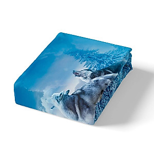 Snow Wolf Sheet Set Full Size Wild Animal Theme Bedding Set for Kids Boys Teens Room Decor, 3D Wolf and Trees Print Bed Sheet Set 4pcs with Deep Pocket Fitted Sheet + Flat Sheet + 2 Pillowcases