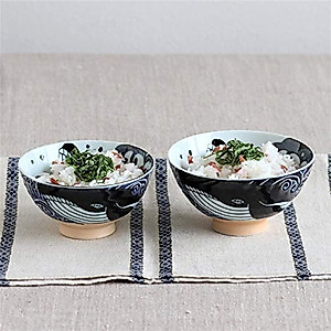 MINORU TOUKI White Wave Whale Blue Ceramic Rice Bowl Small Set of 2 φ4.4×H2.4in 11.29oz