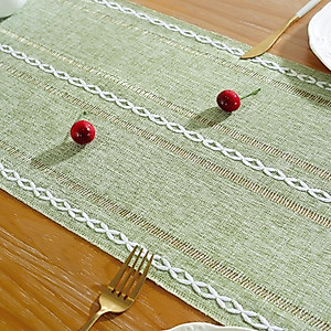 Laolitou Rustic Table Runner with Tassels, Cotton Linen Table Decoration for Christmas Holiday Party, Farmhouse Table Runners, Wedding and Dining Decorations, 72 Inches, Sage Green